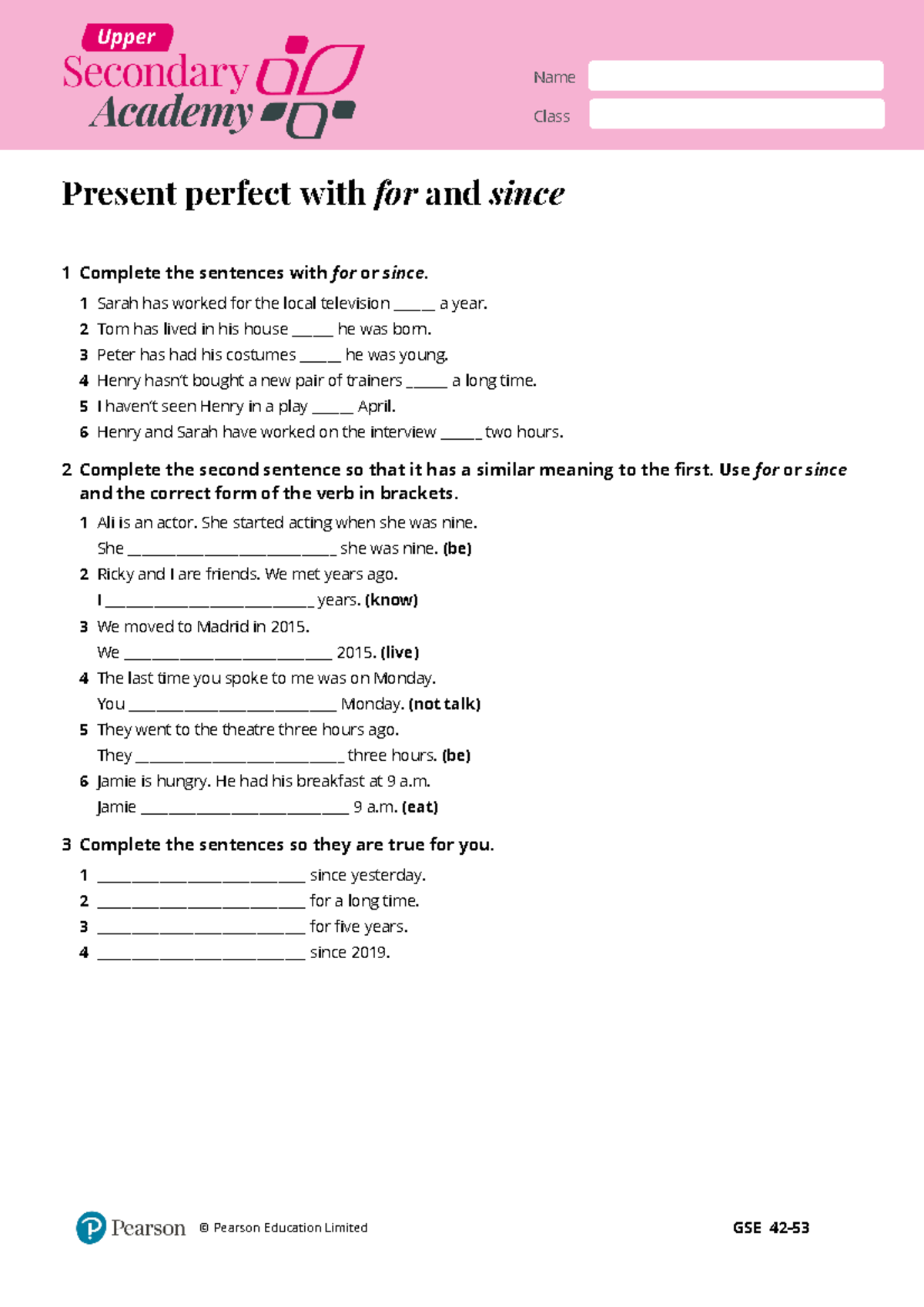 Present Perfect Tense: For vs. Since - Worksheet GSE 42 - Studocu