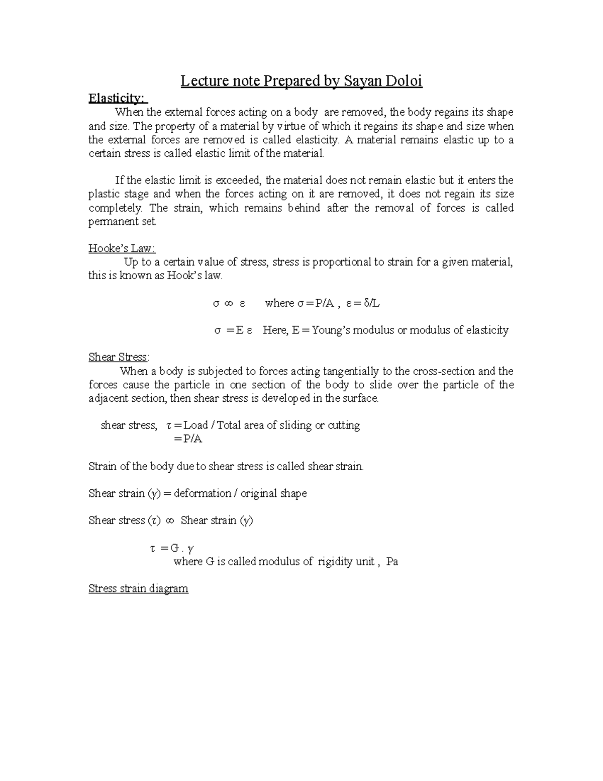 Elasticity - Lecture notes 1 - Engineering mechanics - KIIT University ...