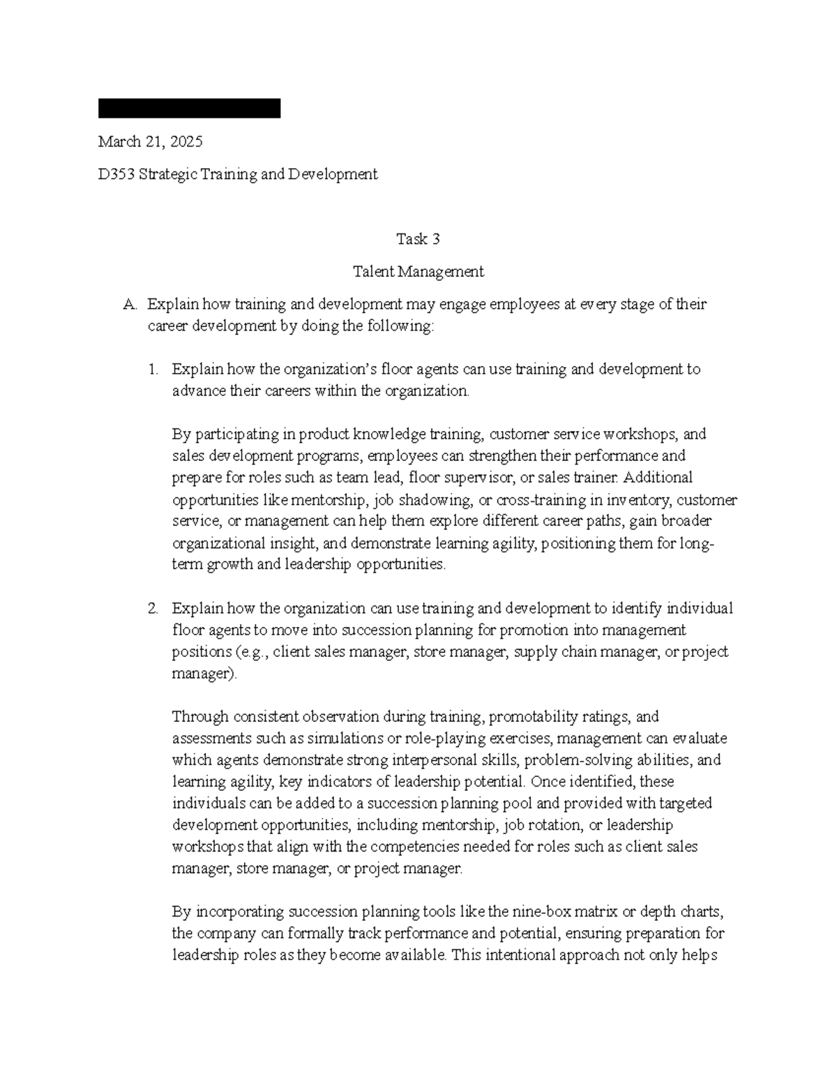 VEM1 D353 Task 3: Comprehensive Talent Management Plan - Studocu