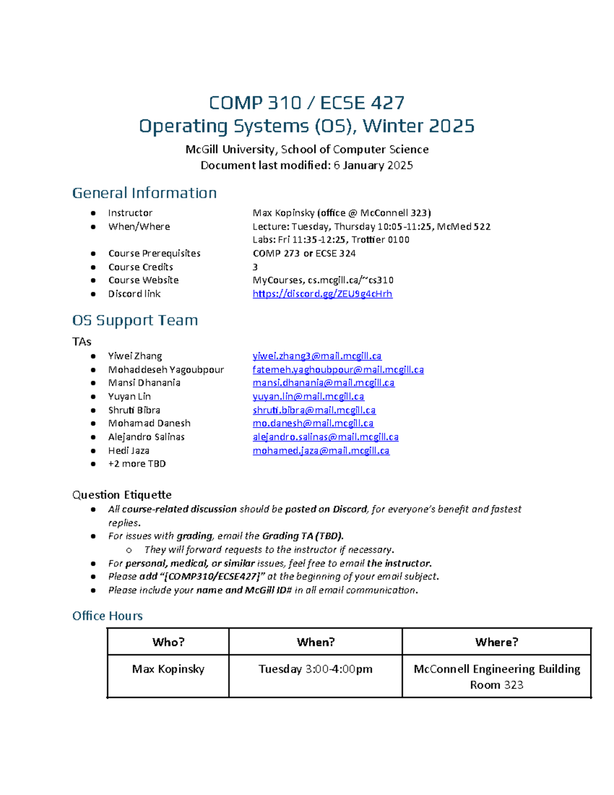 COMP 310 / ECSE 427 Winter 2025 Operating Systems Course Syllabus - Studocu