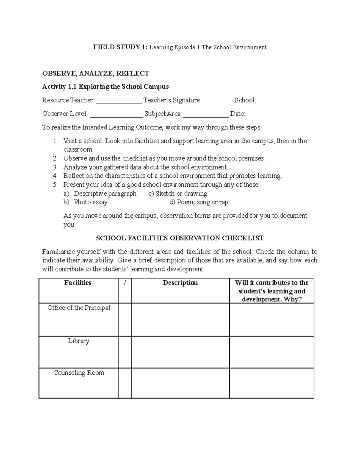 School Facilities Observation Checklist For Field Study 1 Studocu