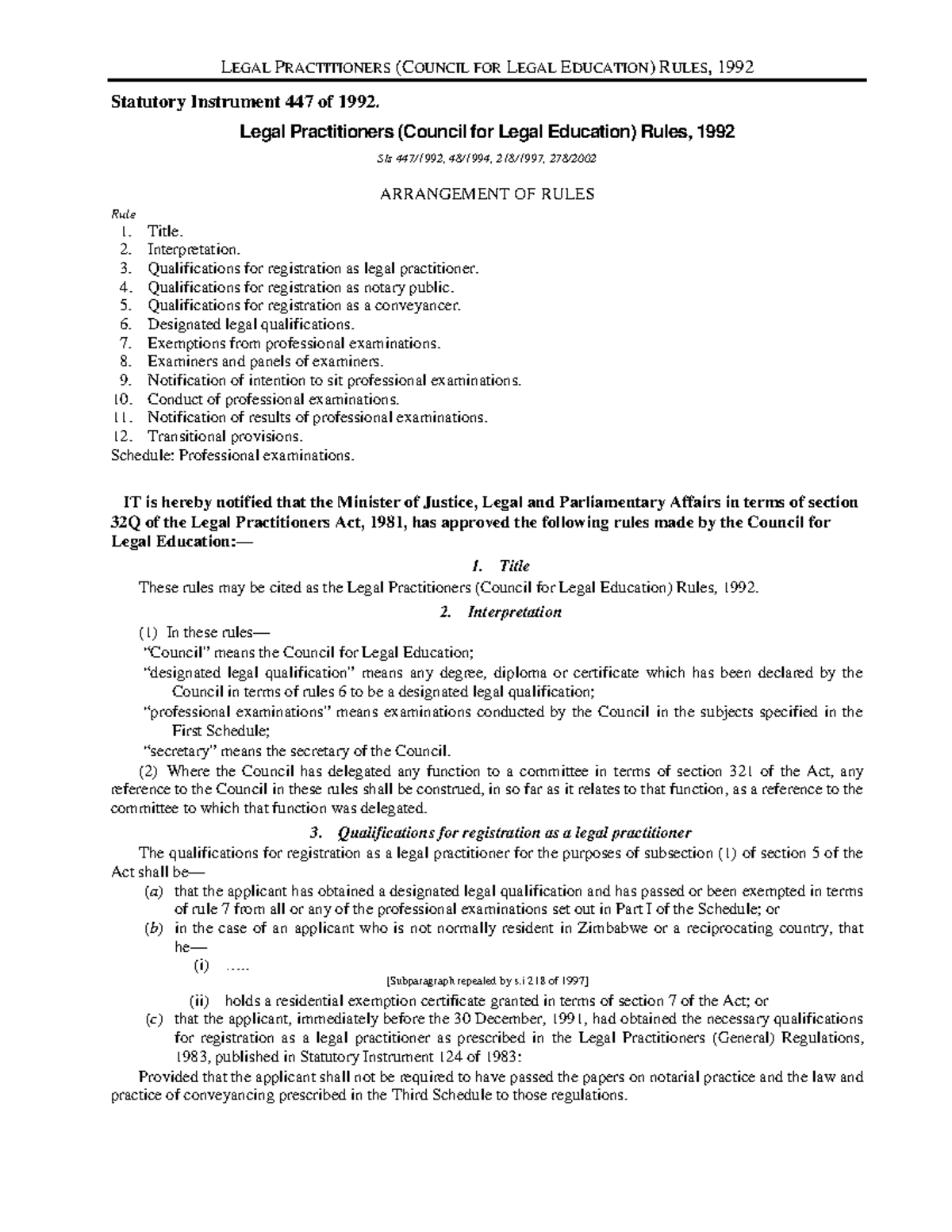 Legal Practitioners Rules - Statutory Instrument 447/1992 Summary - Studocu