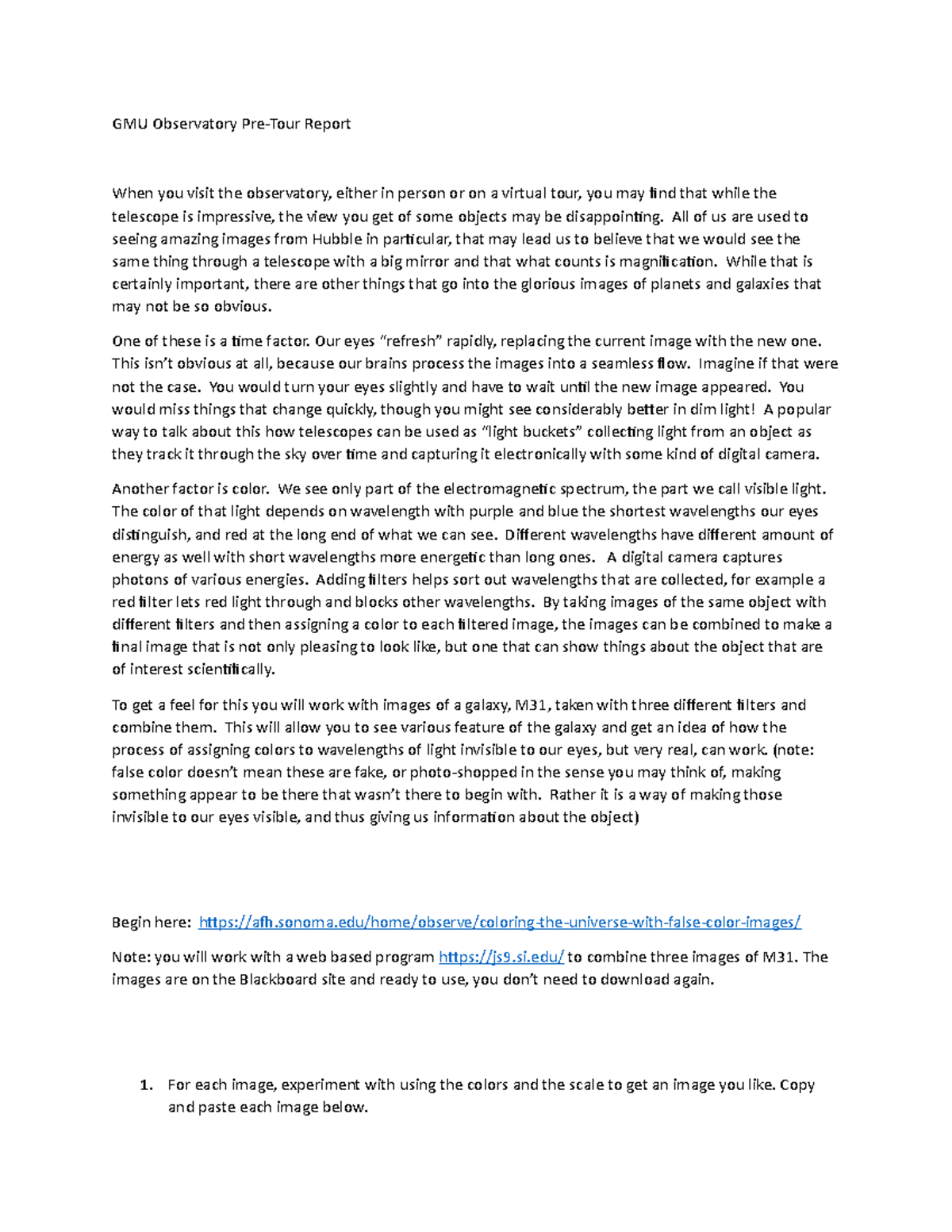 GMU Observatory: Filters & Image Processing Pre-Tour Report - Studocu