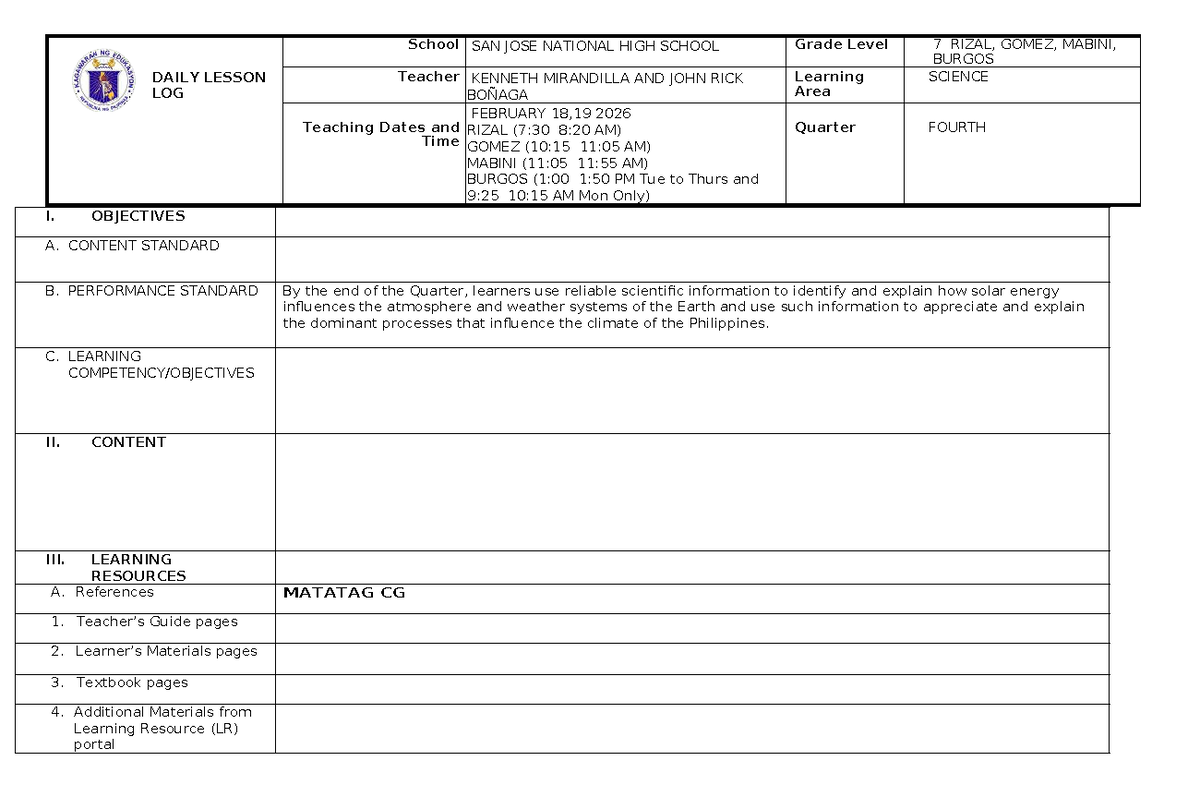 Daily Lesson Log: Science Activities for Grade 7 (Feb 18-19, 2026 ...