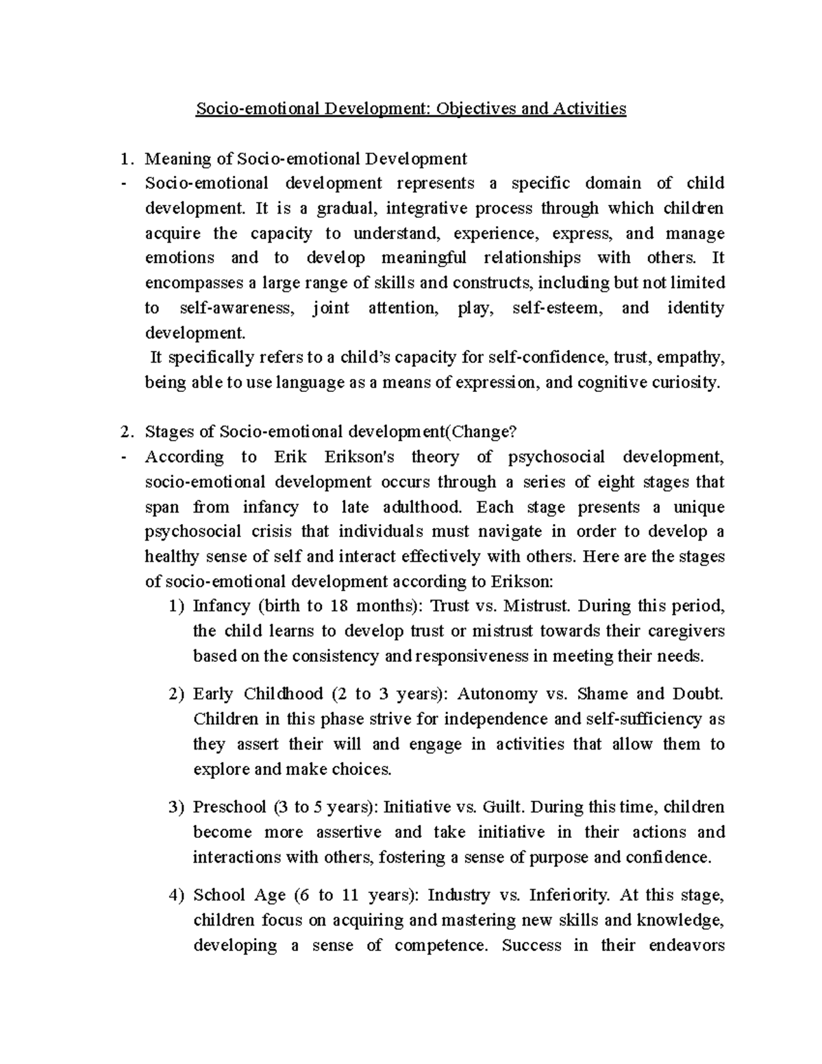 Socio-emotional Development: Objectives & Activities Overview - Studocu