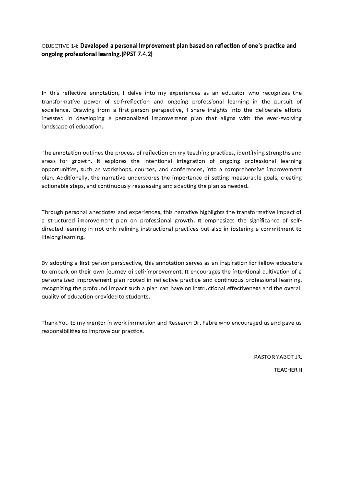 Objective 14: Personal Improvement Plan & Reflective Practices Analysis - Studocu