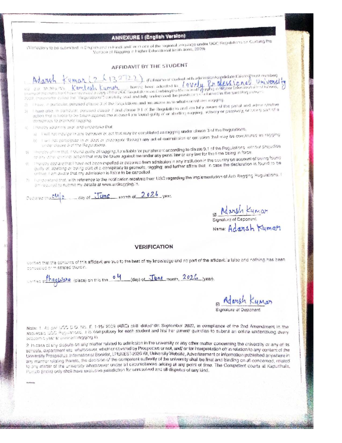 UGC Regulations Anti-Ragging Affidavit - Adarsh Kumar (26132722) - Studocu
