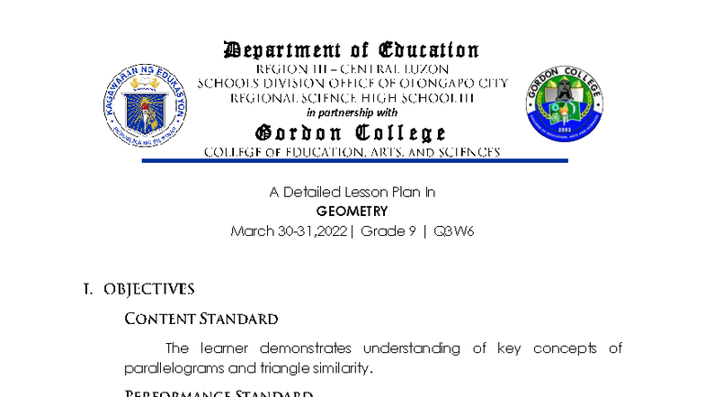 Detailed Lesson Plan on Similarity of Triangles (GEOMETRY Q3W6) - Studocu