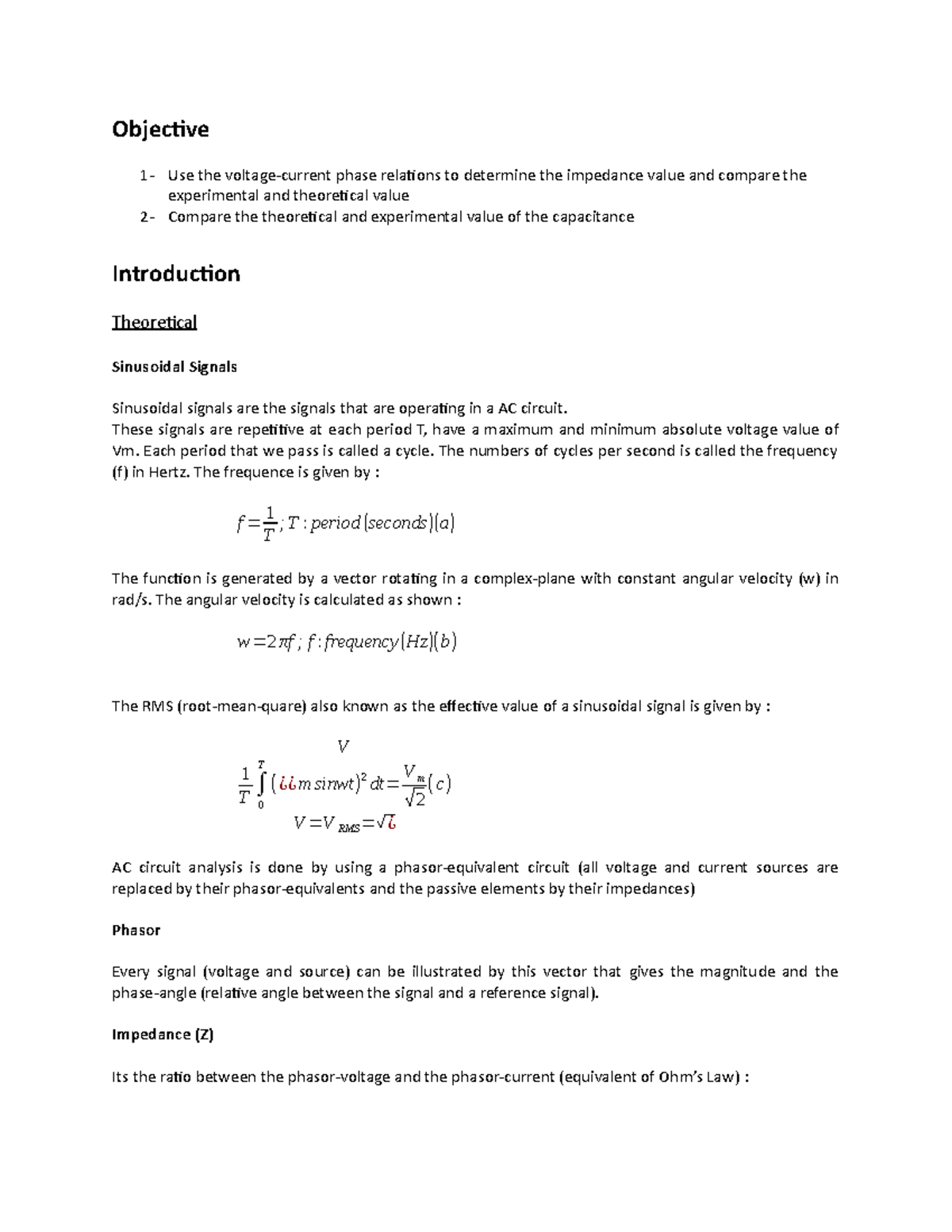 Elect 275 Lab 3: Impedance Analysis & Phase Relation Results Report ...