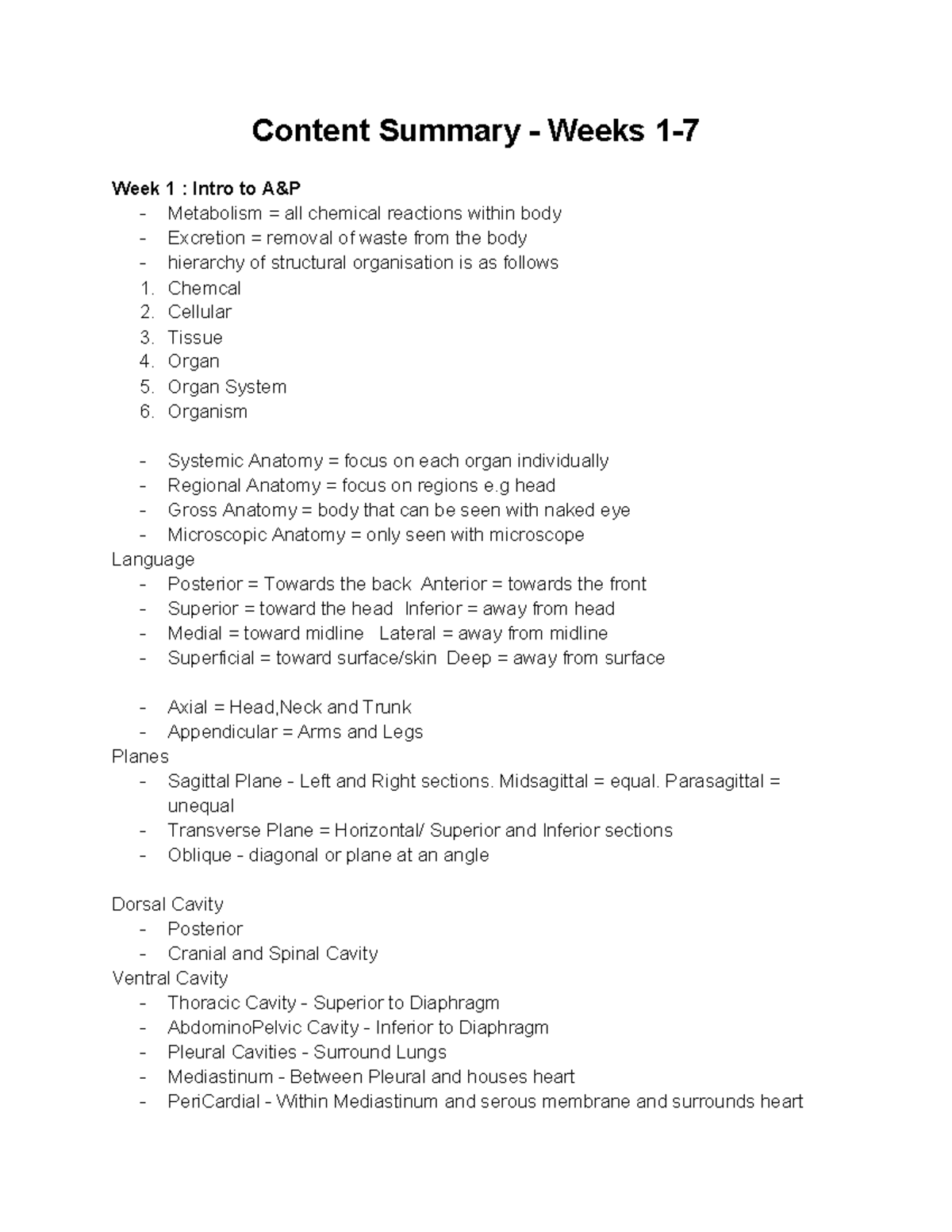 Content Summary - Weeks 1-7: Anatomy and Physiology Overview - Content ...