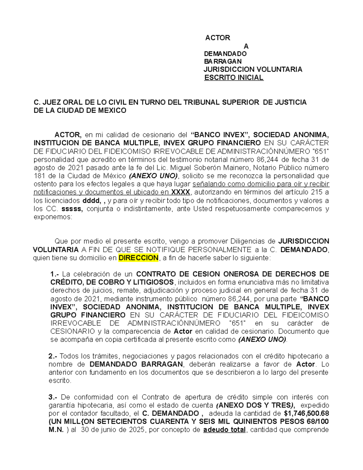 Diligencias de Jurisdicción Voluntaria - ACTOR vs. DEMANDADO BARRAGAN ...