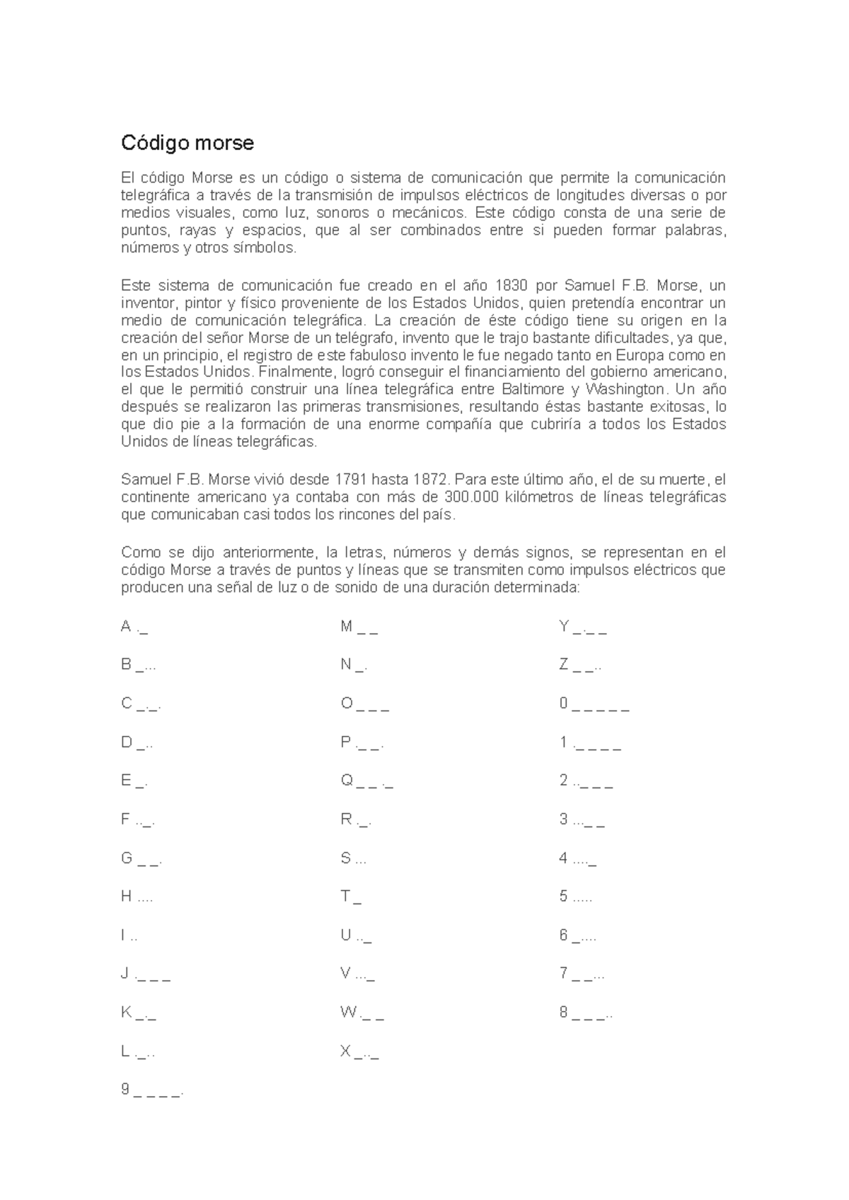 Código Morse - Ejercicio y Prueba de Comprensión - Studocu