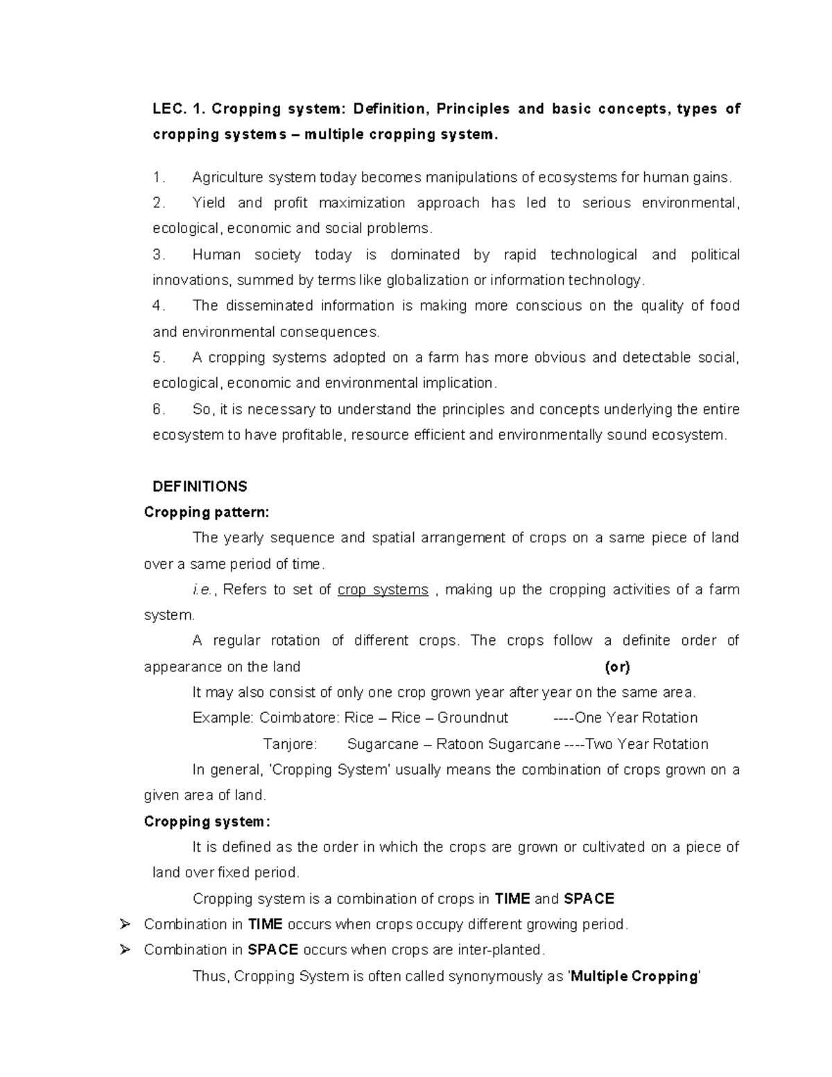 LEC 1 - Cropping Systems: Principles, Types, and Benefits in ...