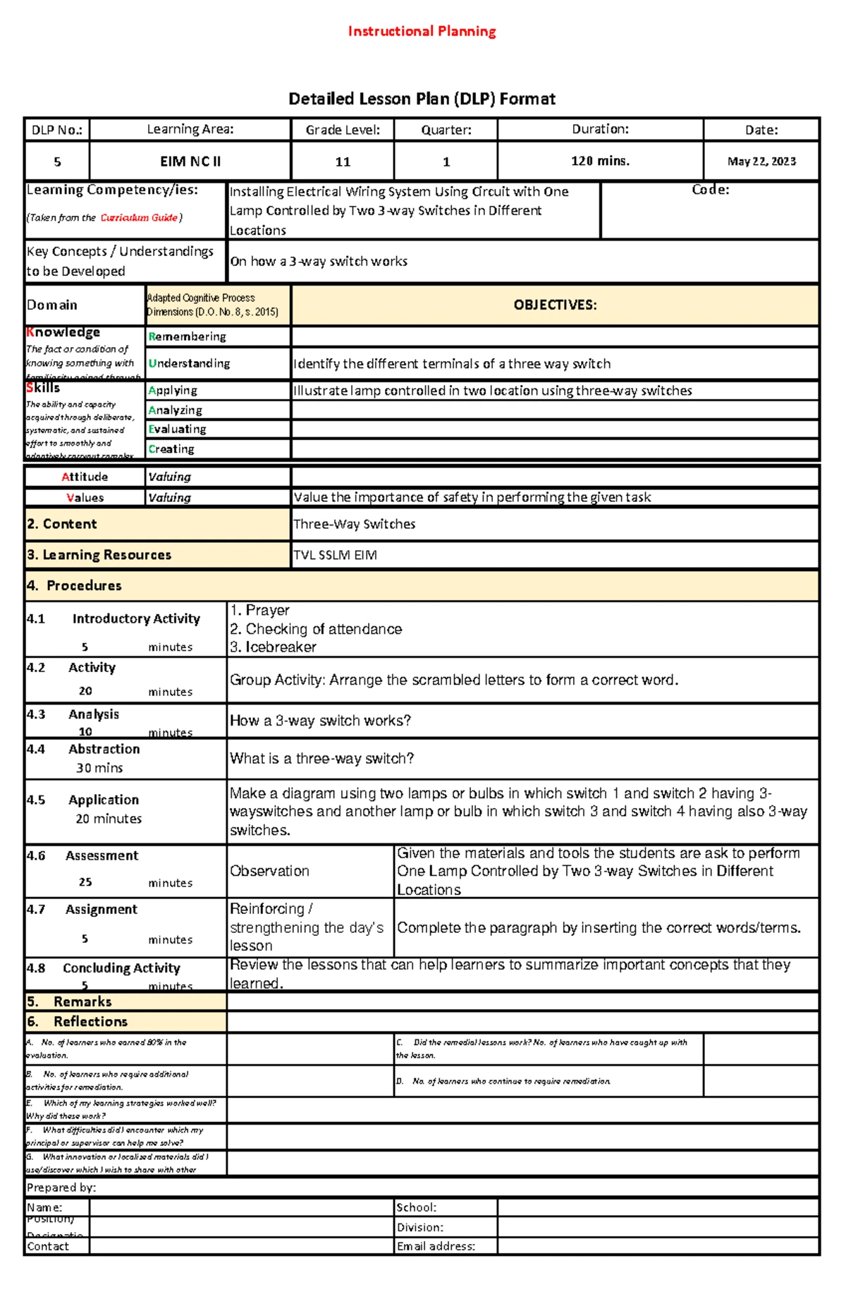 Daily Lesson Plan 1: EIM NC II - Electrical Wiring Devices (Quarter 4 ...