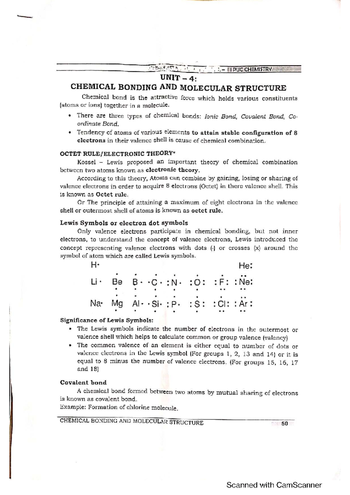 PUC CHEMISTRY UNIT 4: CHEMICAL BONDING & MOLECULAR STRUCTURE Notes ...