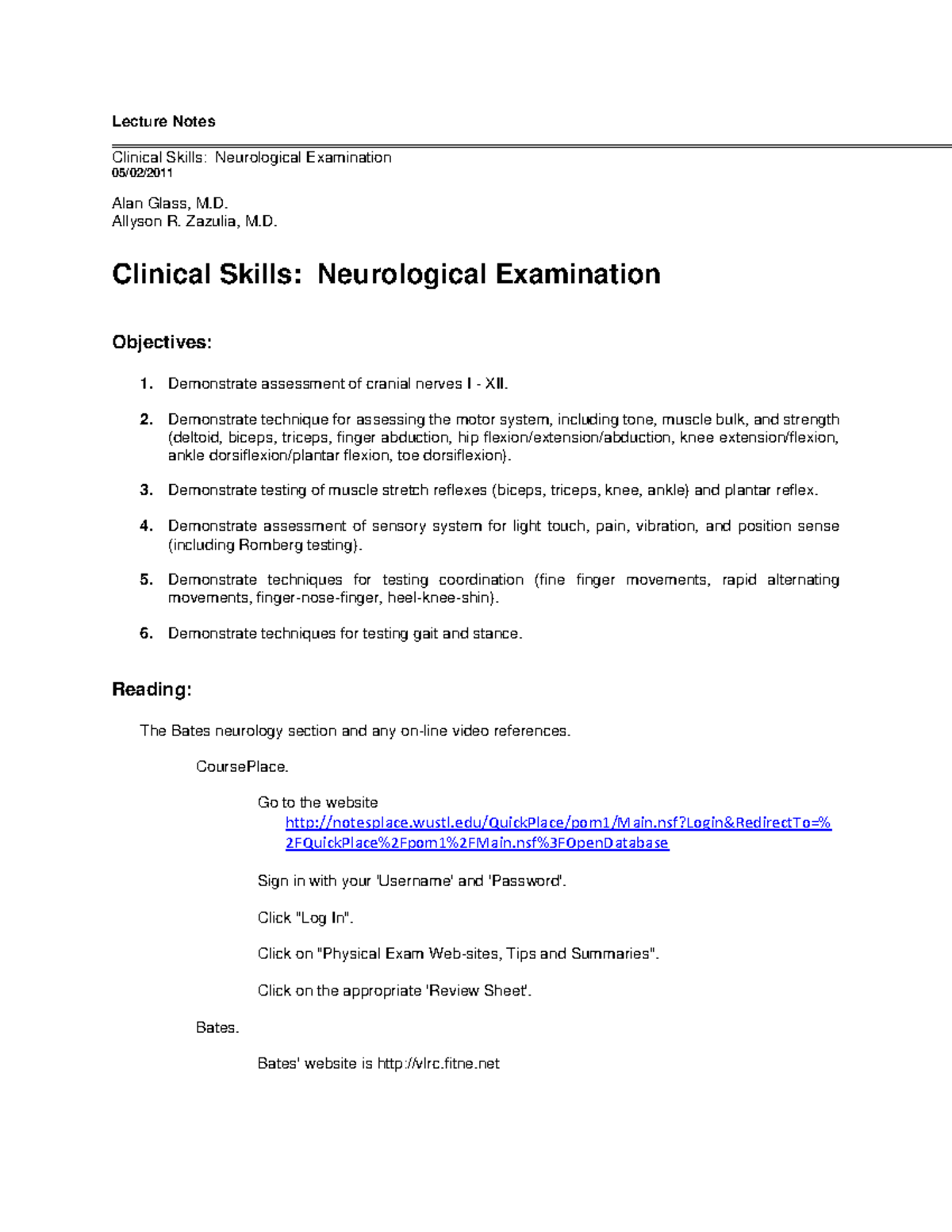 Neurological Exam for Nurses - Lecture Notes - Lecture Notes Clinical ...