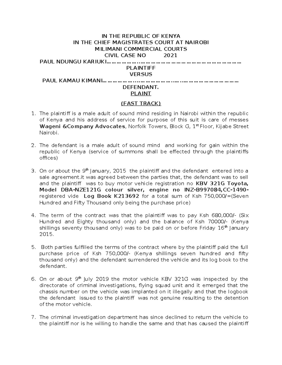 Civil Case No. 2021: Breach of Contract - Paul Ndungu Kariuki v. Paul ...