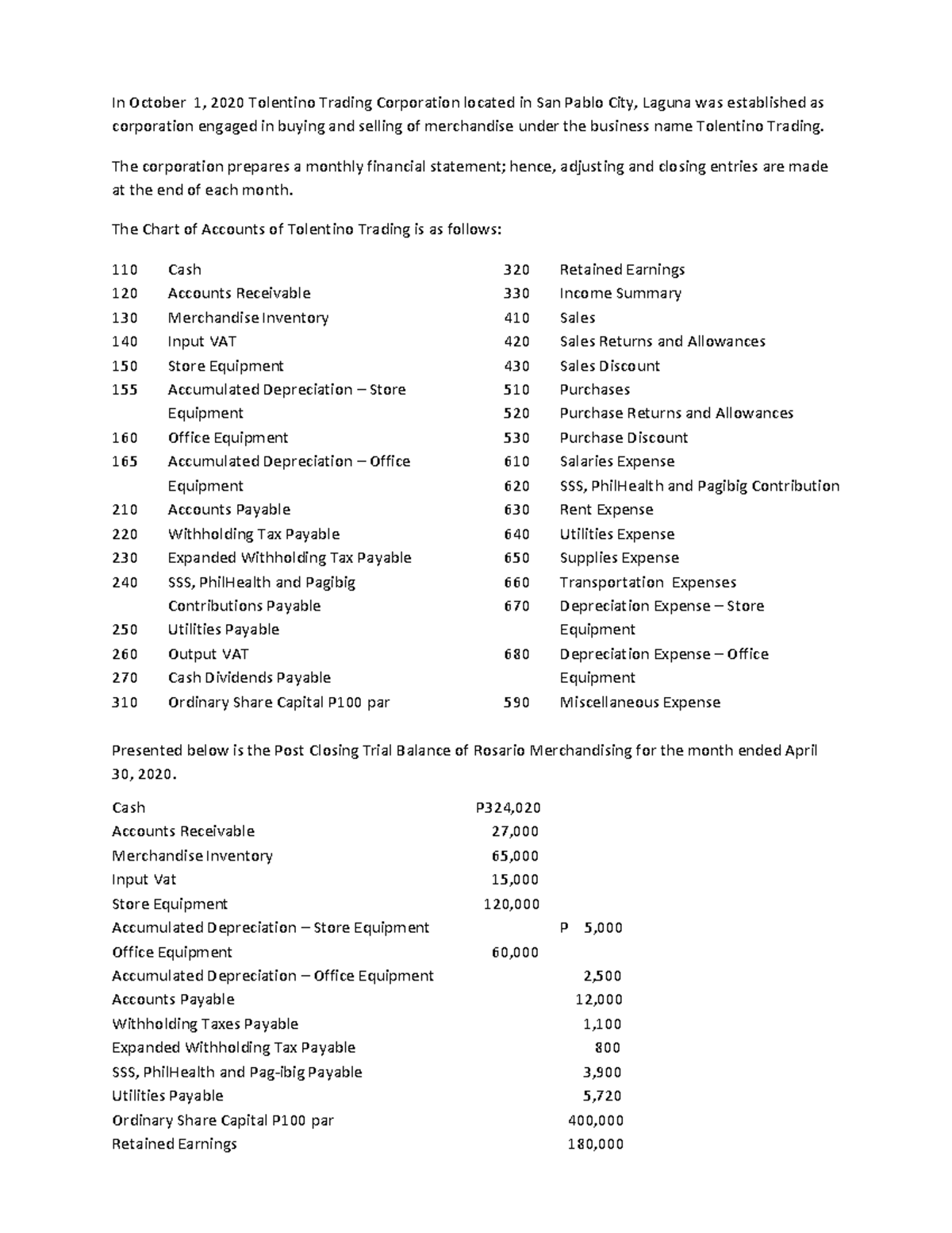 Merchandising Case Study: Bookkeeping for Tolentino Trading Corp. - Studocu