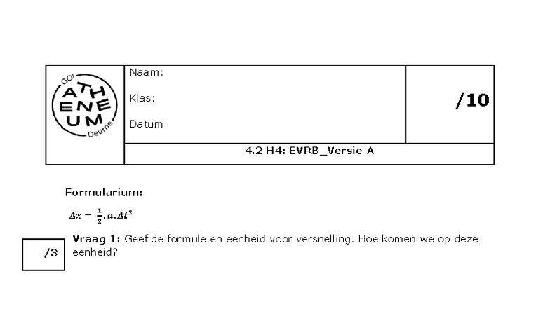 4.2 H4: EVRB Versie A - Formules en Vragen over Versnelling - Studocu