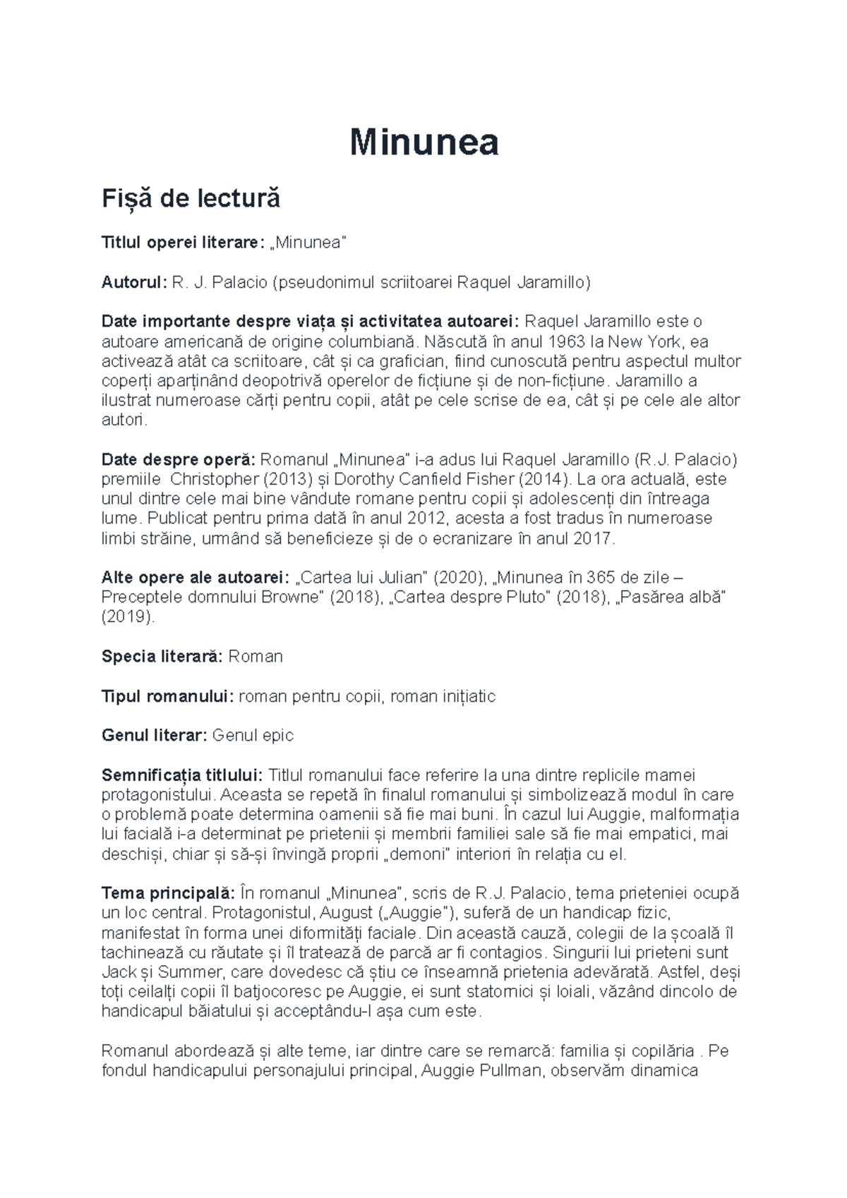 Fișa de lectură a romanului „Minunea” de R.J. Palacio - Studocu