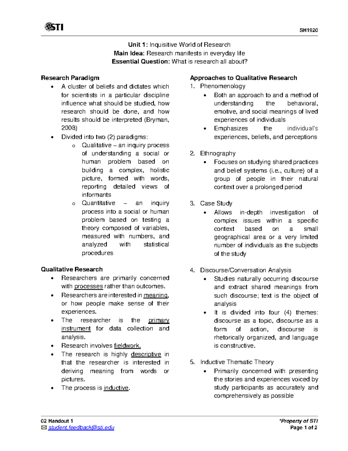 SH1920 - Practical Research 1 02 Handout 1 - SH 02 Handout 1 *Property of STI student@sti Page 1 ...