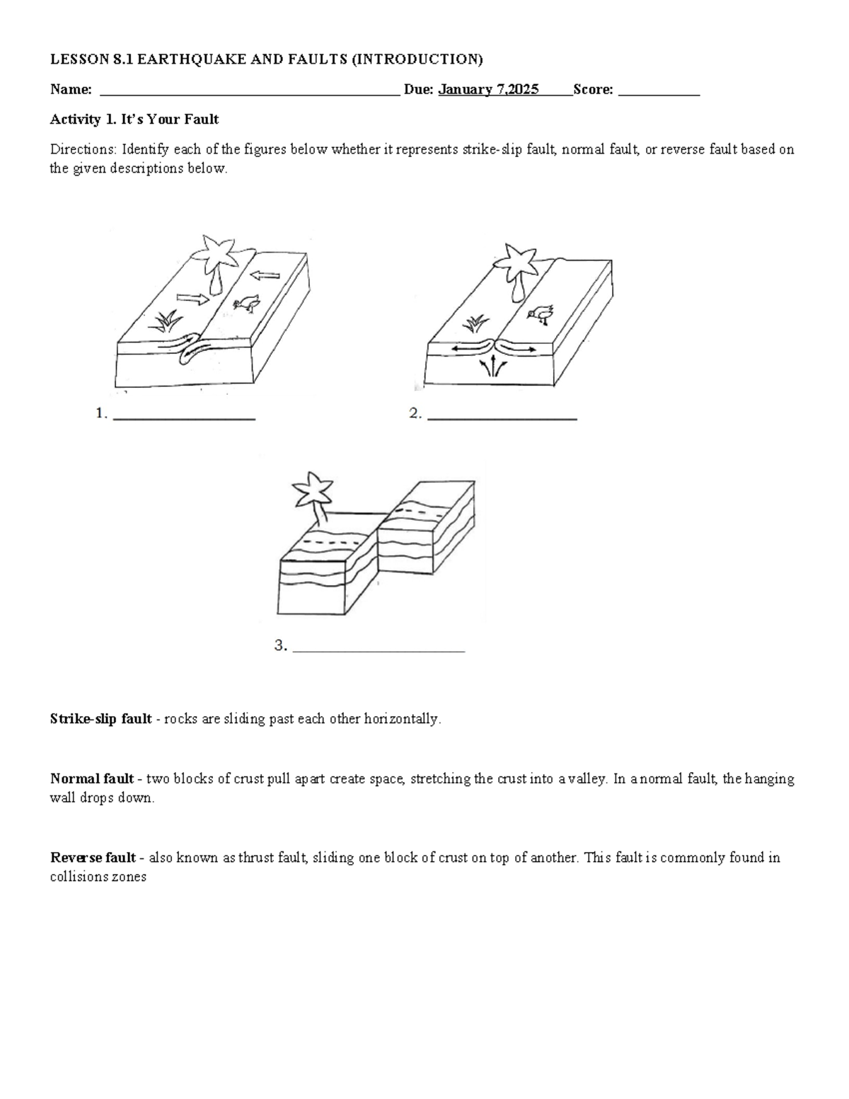 ACtivity Sheet Lesson 8.1 Earth Science - Name: Due: January 7,2025 ...