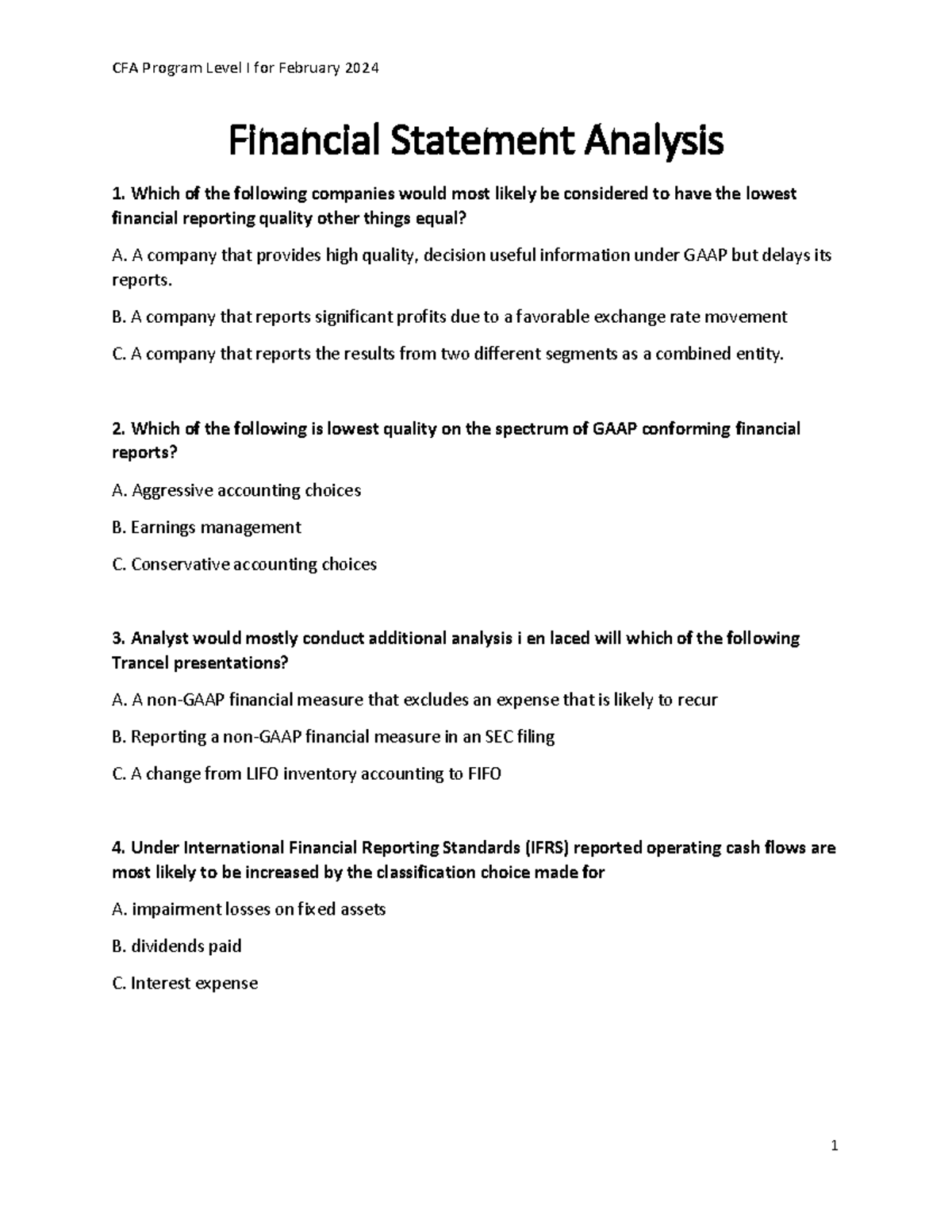 CFA Program Level I - Feb 2024: Financial Statement Analysis Questions ...