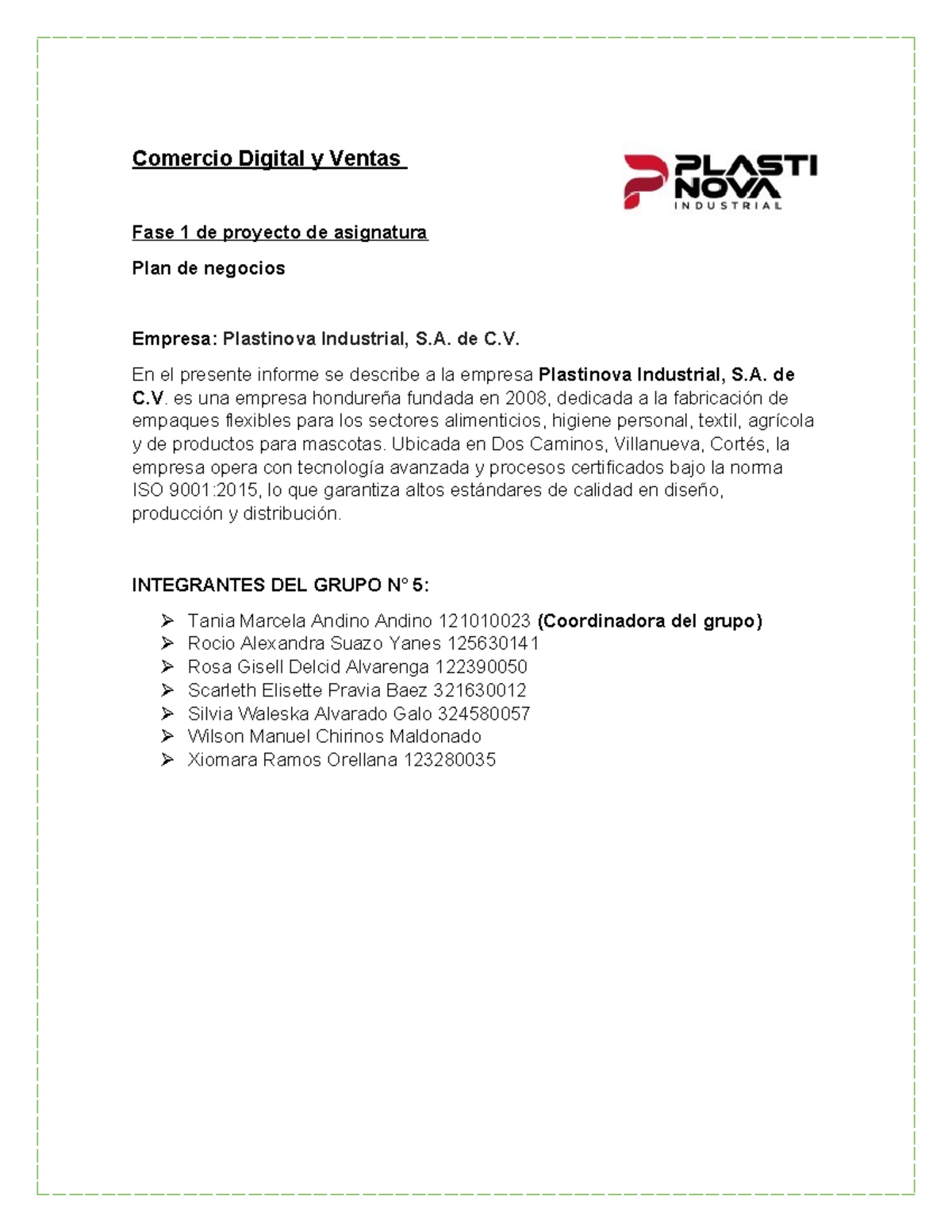 Comercio Digital y Ventas Fase 1 - Proyecto Plastinova S.A. - Studocu