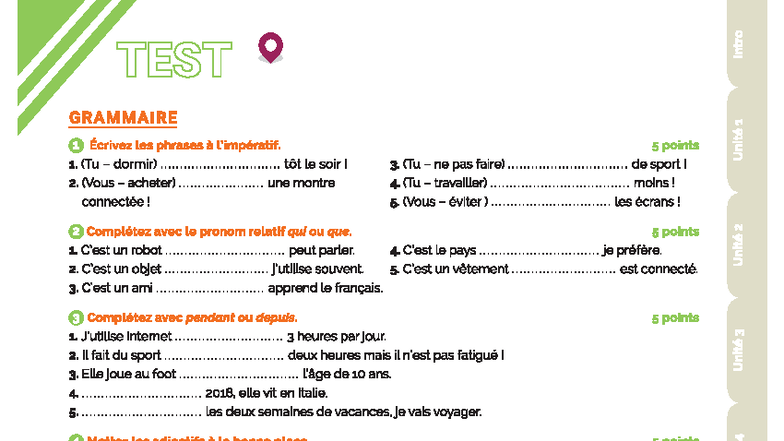 TEST GRAMMAIRE 1 - Unité 1 à 8 - Évaluation des Connaissances - Studeersnel