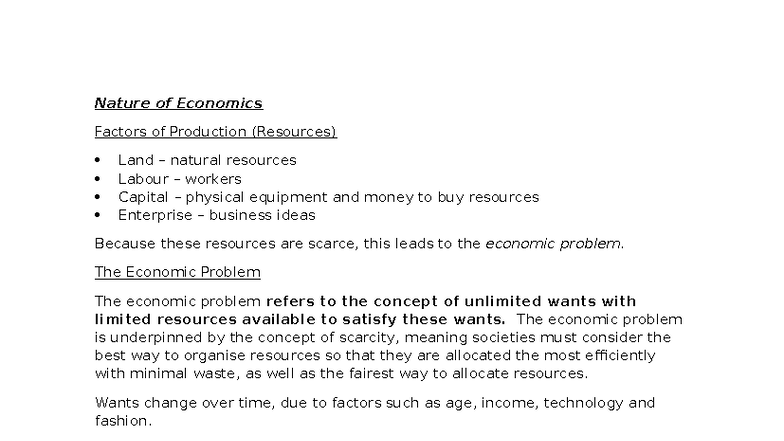 Economics Notes: Factors of Production and Economic Issues - Studocu