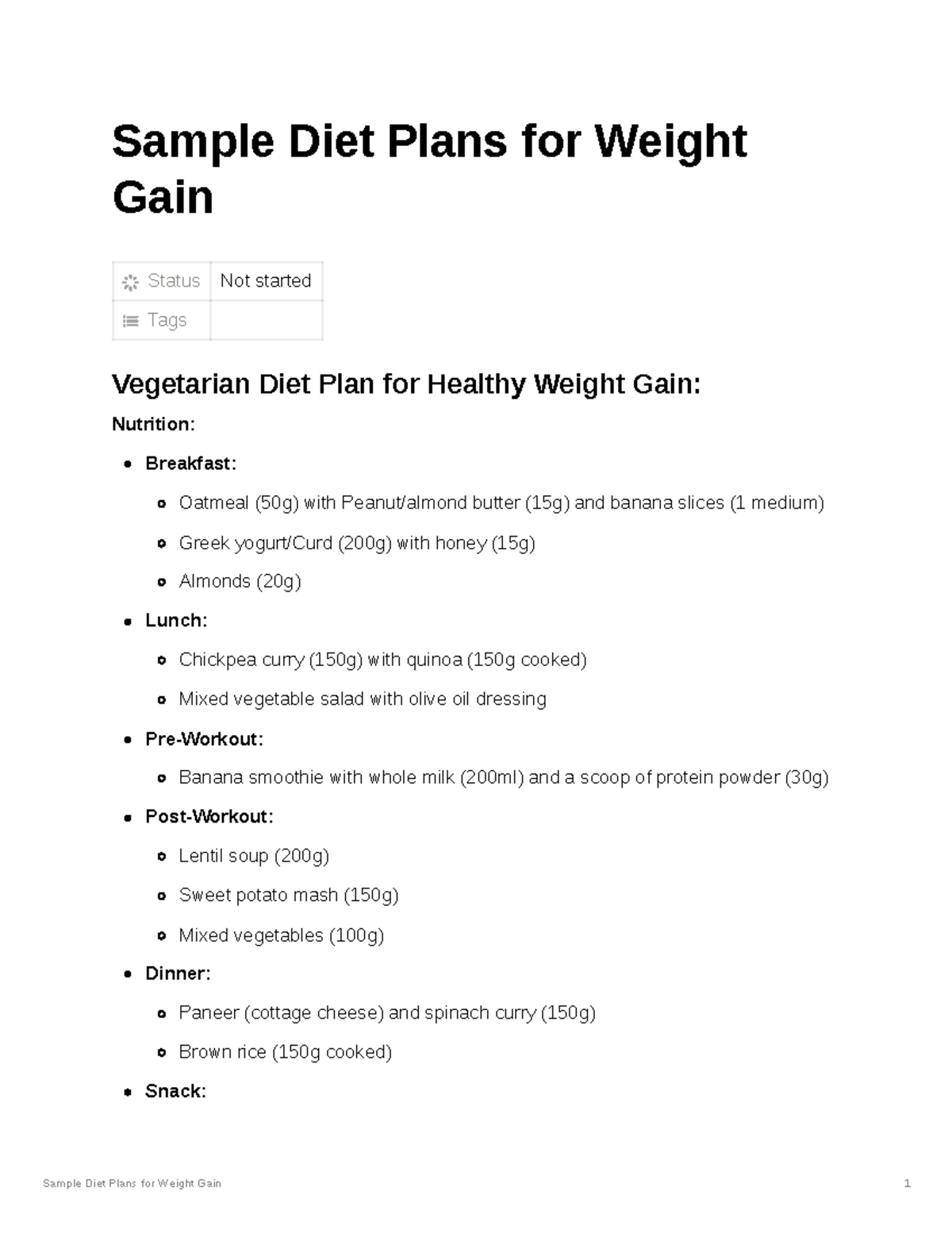Sample Diet Plans for Weight Gain - Studocu