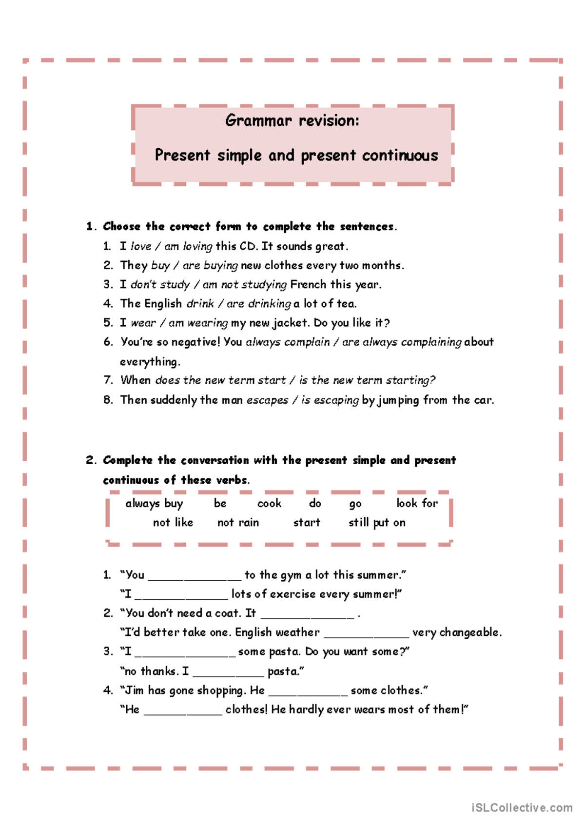 Grammar Revision: Present Simple & Continuous Exercises - Studocu