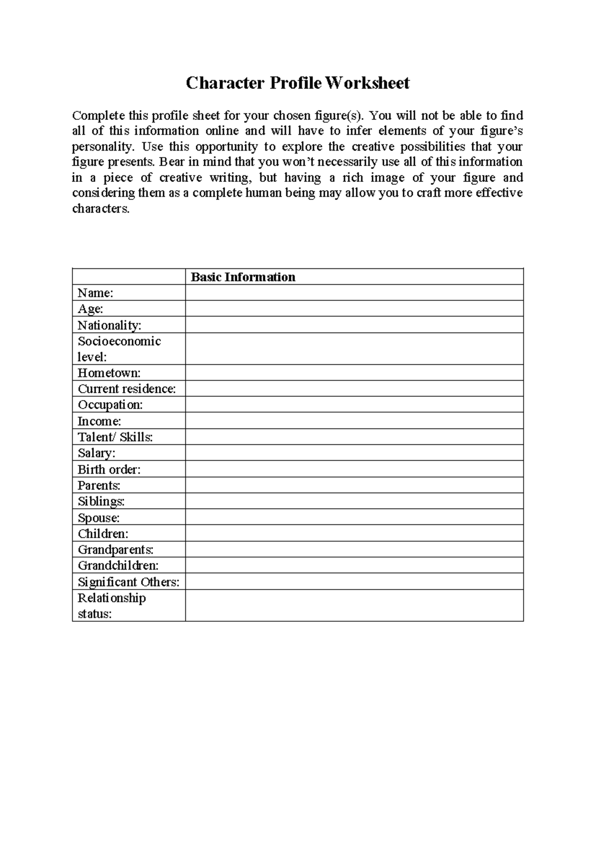 Character Profile Worksheet for Creative Writing Exploration - Studocu