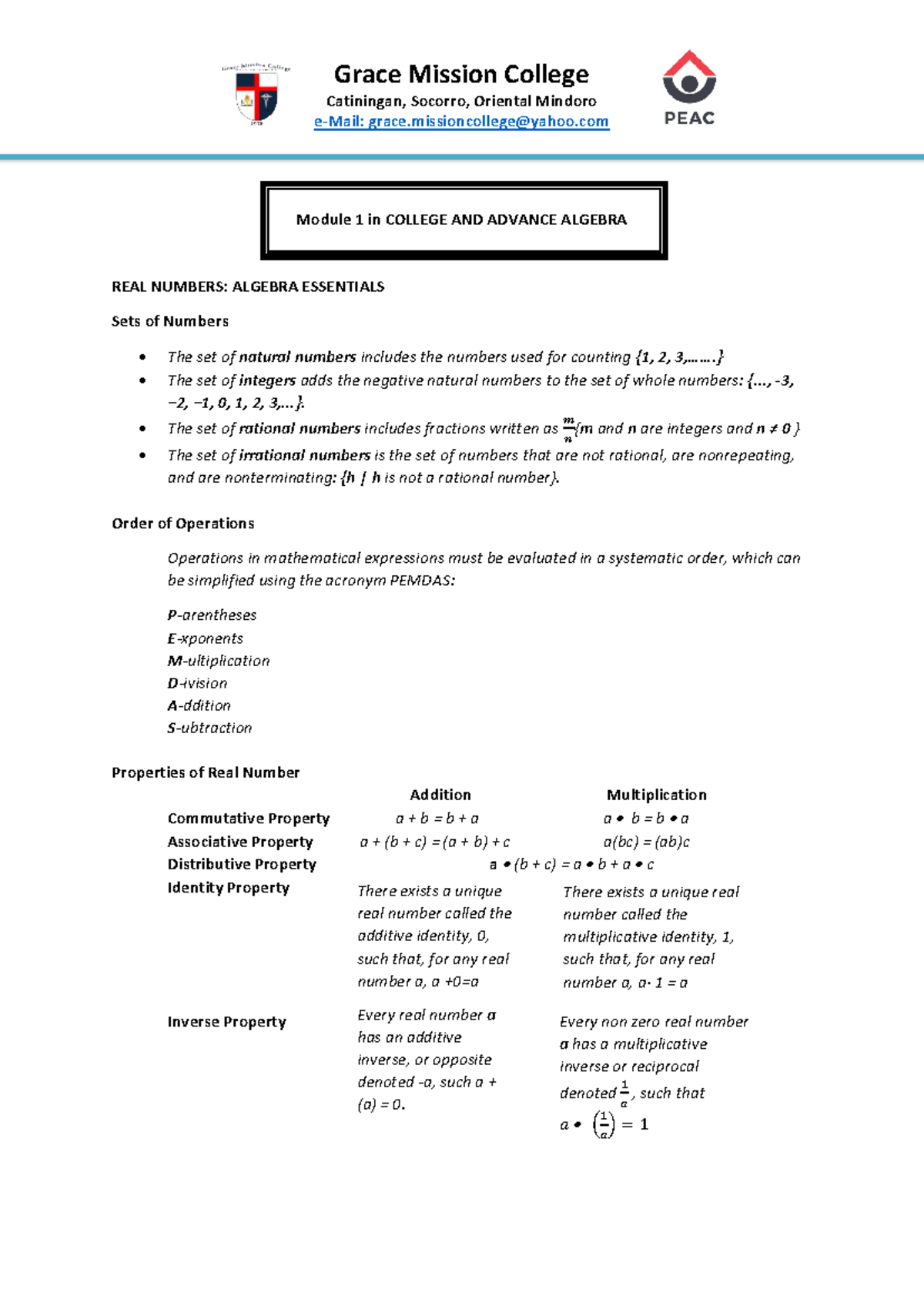 Module 1: College & Advanced Algebra - Real Numbers & Essentials - Studocu