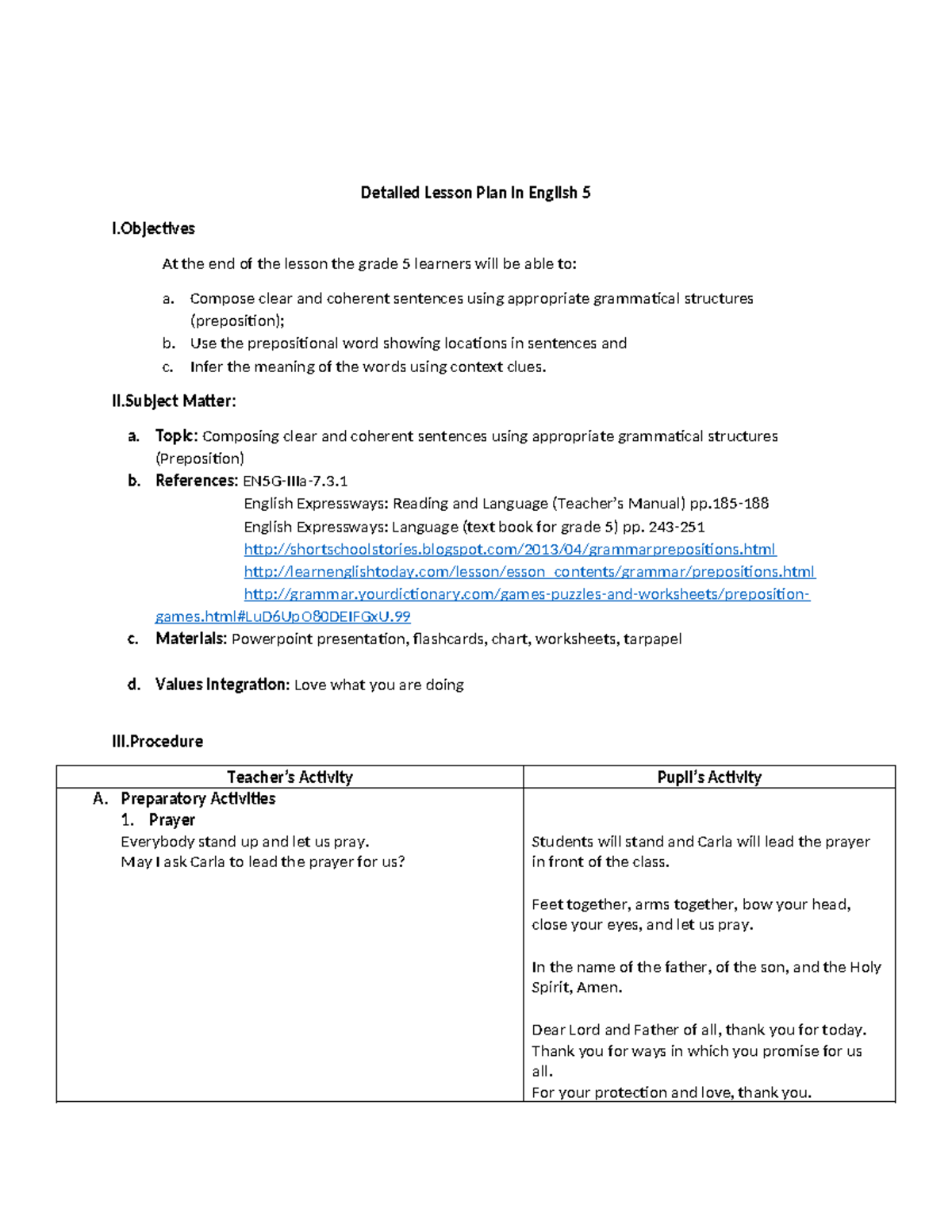 English 5 Detailed Lesson Plan: Coherent Sentences & Prepositions - Studocu