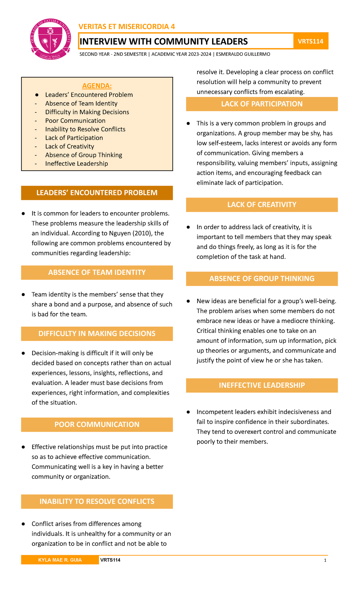 WEEK 4 Interview Summary: Community Leadership Challenges (VRTS114 ...