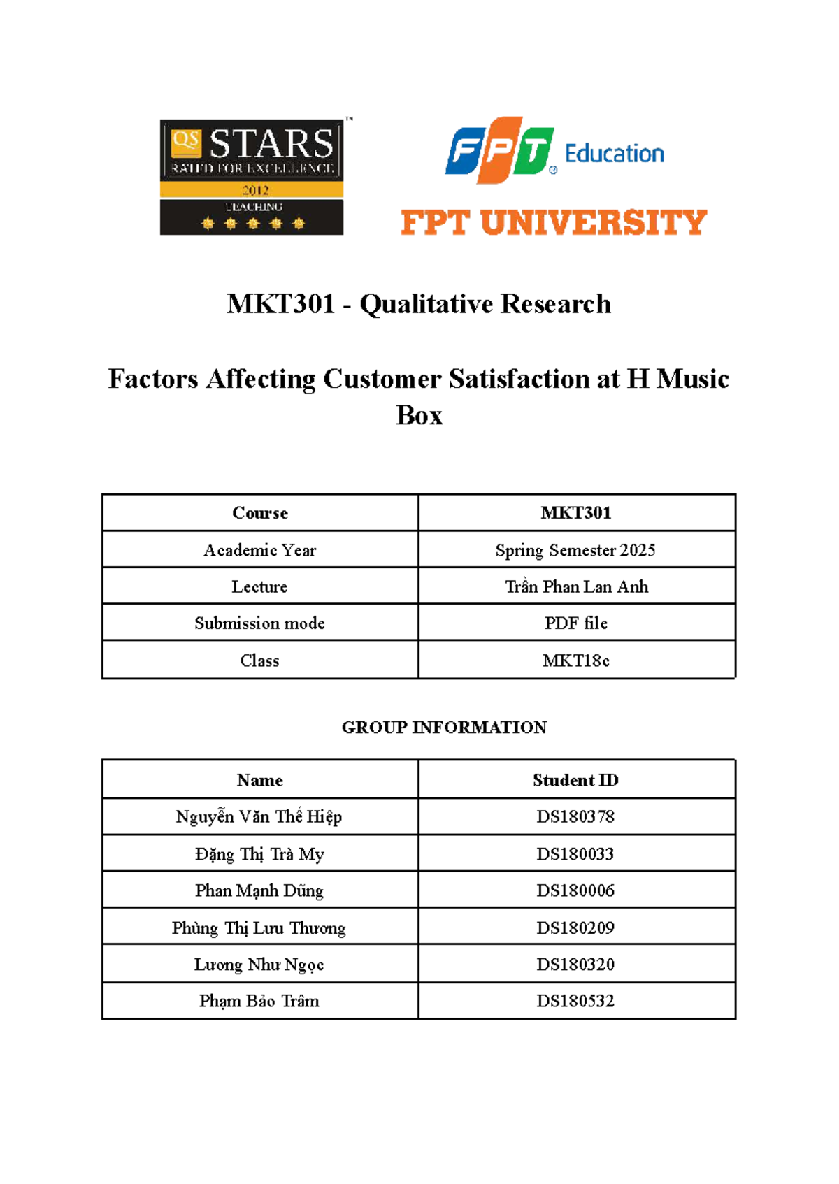 MKT301 Qualitative Research on Customer Satisfaction Factors at H Music ...
