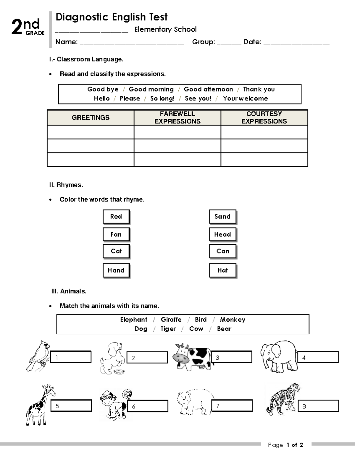2nd Grade Diagnostic English Test: Language & Expressions - Studocu