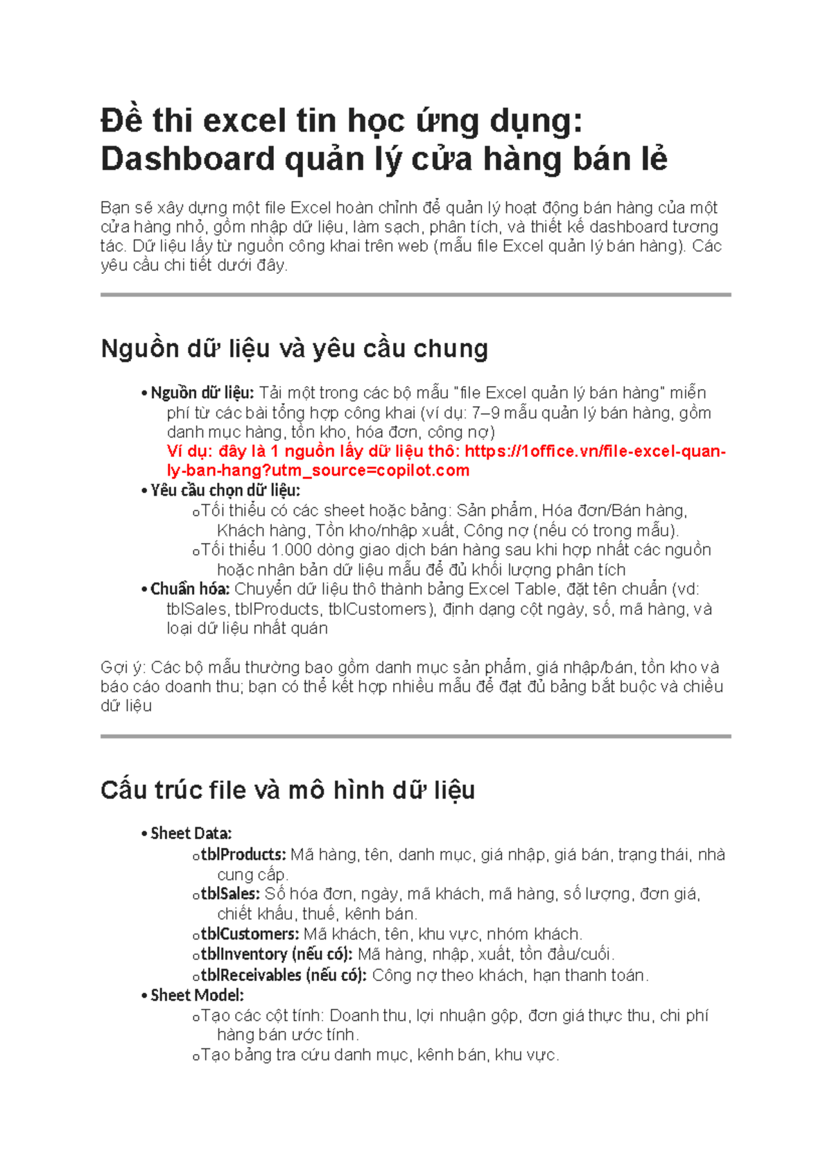 Đề thi THUD - Xây dựng Dashboard Quản lý Cửa Hàng Bán Lẻ Excel - Studocu