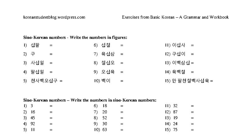 KOR101: Worksheet on Sino-Native Numbers - Studocu
