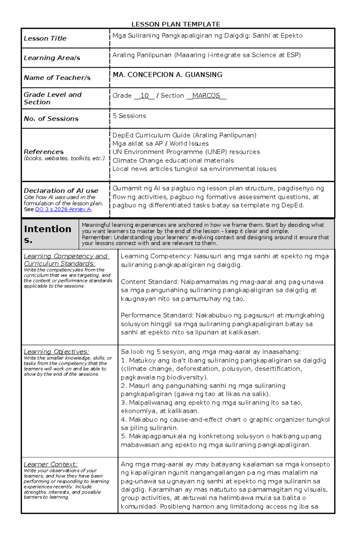 LESSON PLAN TEMPLATE: Suliraning Pangkapaligiran (Grade 10) - Studocu