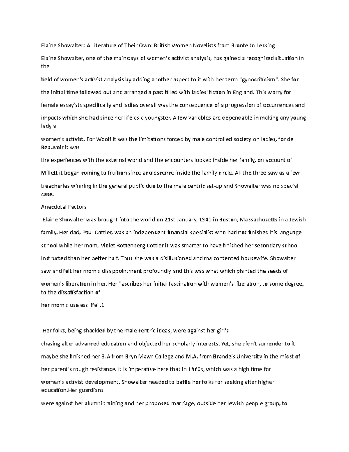 Elaine Showalter's Gynocriticism: A Study of Women Writers in Lit - Studocu