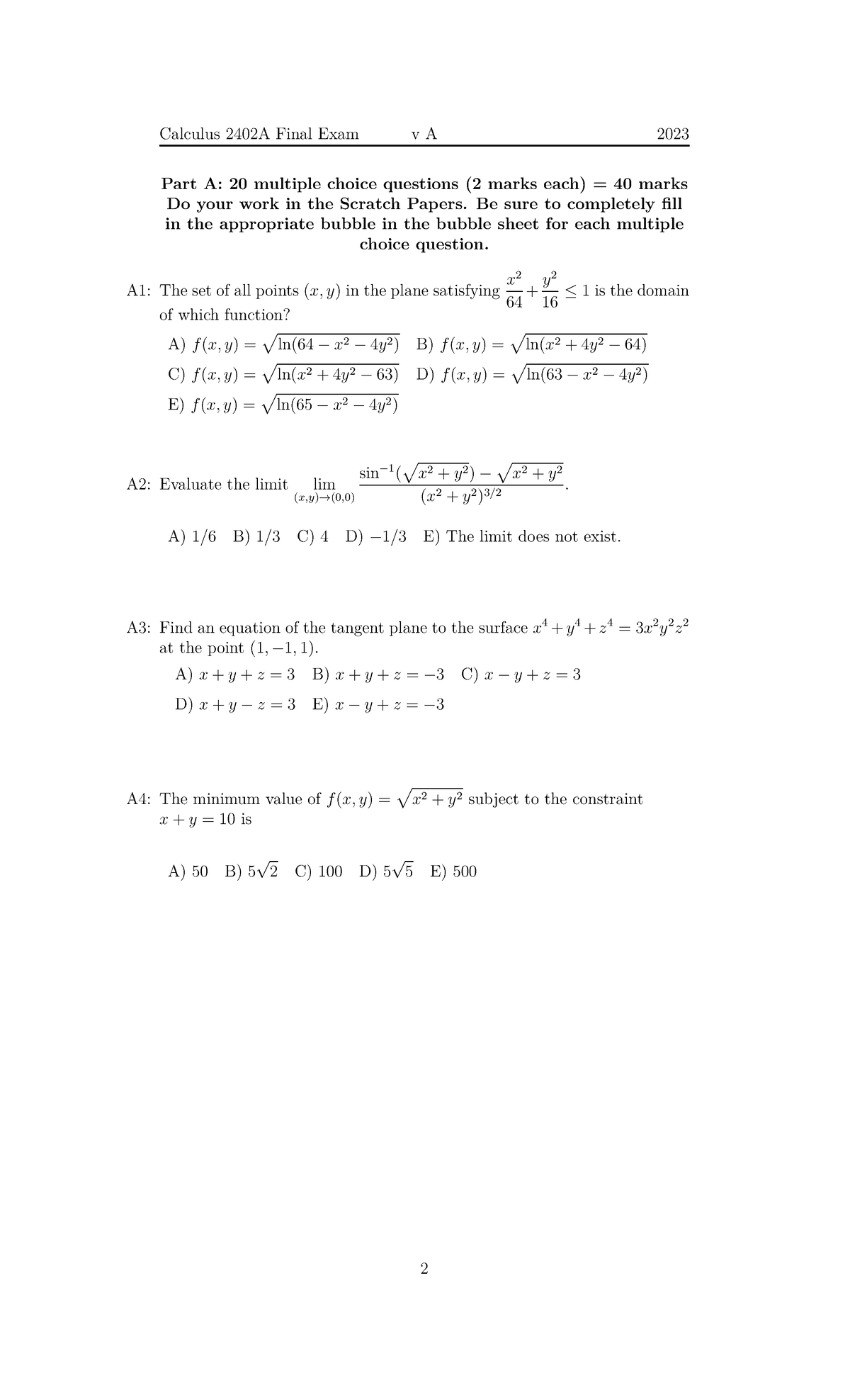 Calculus 2402A Final Exam vA 2023: Comprehensive Review - Studocu
