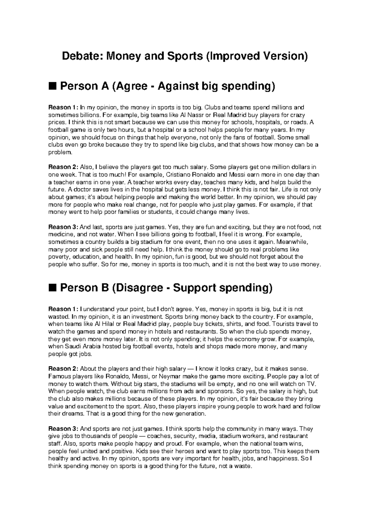 Debate: Money in Sports - Pros & Cons (Improved Version) - Studocu