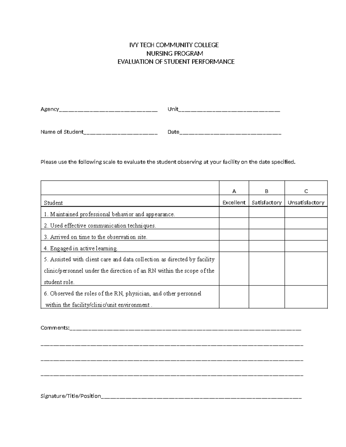 Evaluation OF Student Performance - IVY TECH COMMUNITY COLLEGE NURSING ...