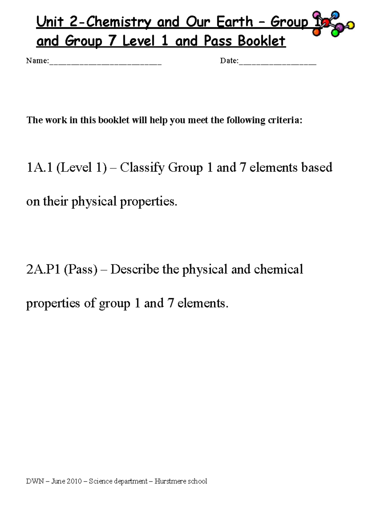 Assignment 2A Level 1 & Pass Booklet: Group 1 and 7 Elements Study ...