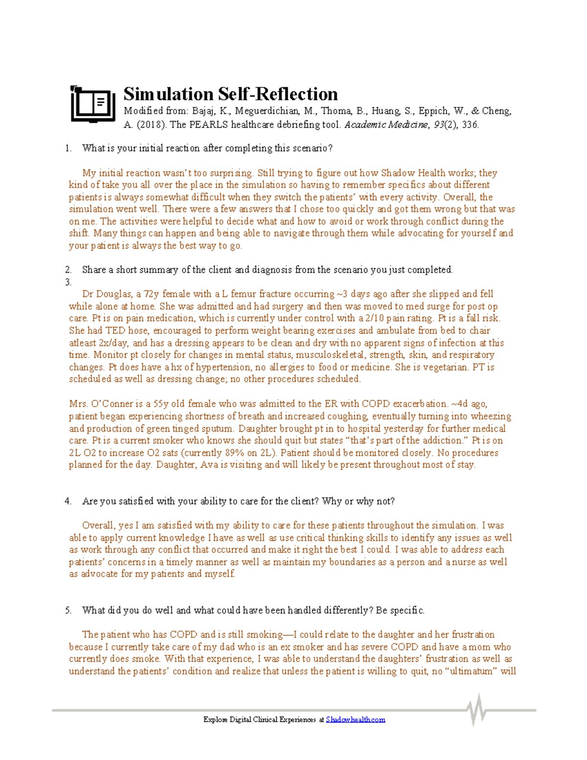Simulation Self-Reflection for Clinical Experience: Shadow Health 6:13 ...