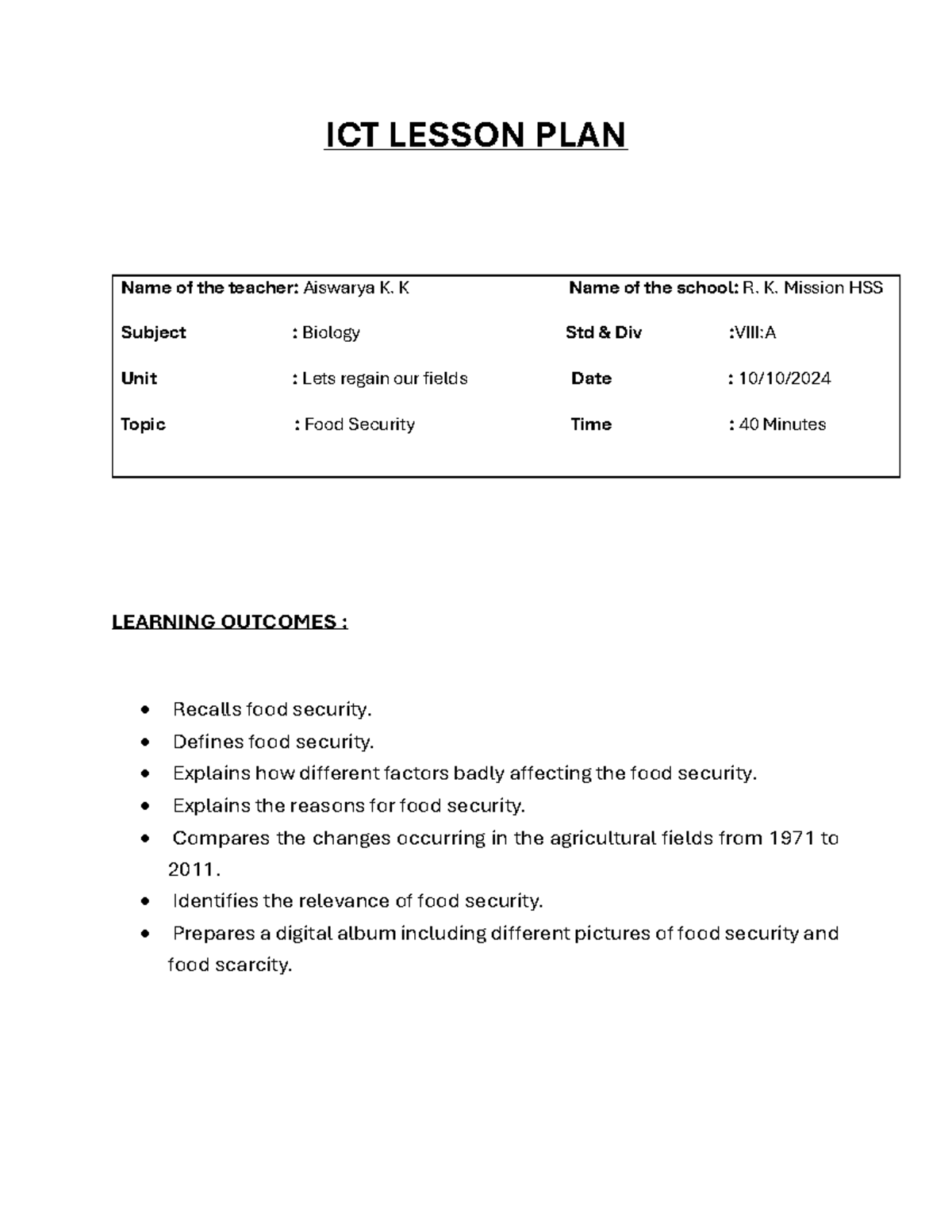 ICT LESSON PLAN: Food Security in Biology (Std Div) - Studocu