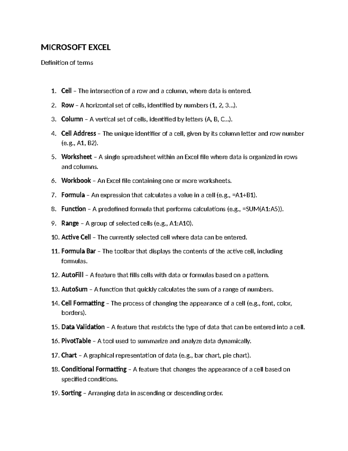 ICT 101: Microsoft Excel Terms and Definitions Assignment - Studocu