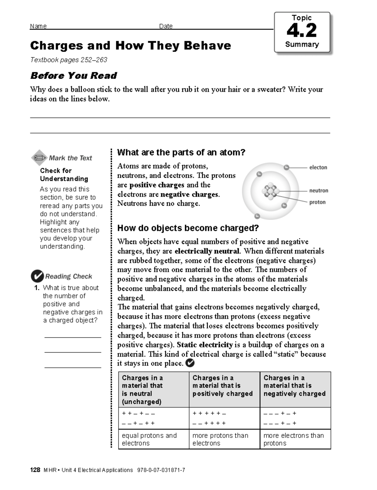 Electric charge worksheet 10 - Name Date 128 MHR • Unit 4 Electrical ...